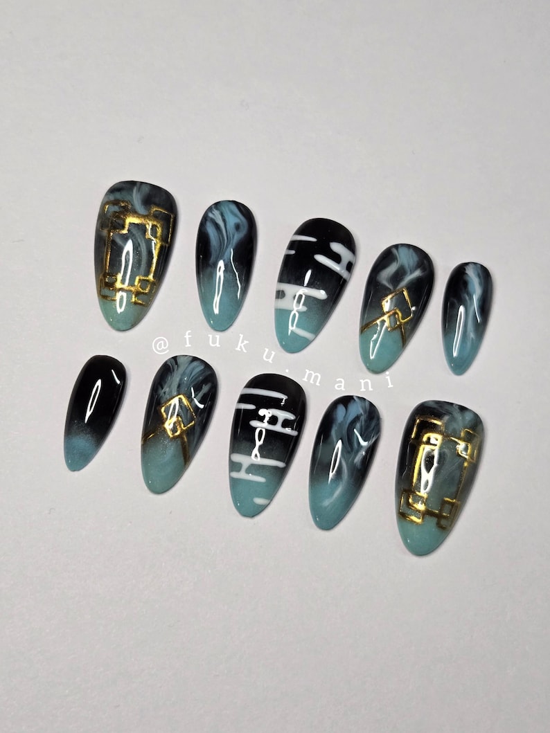 Muichiro Tokito Mist Hashira Anime Nails | Blue Cyan Turquoise Ombre ...