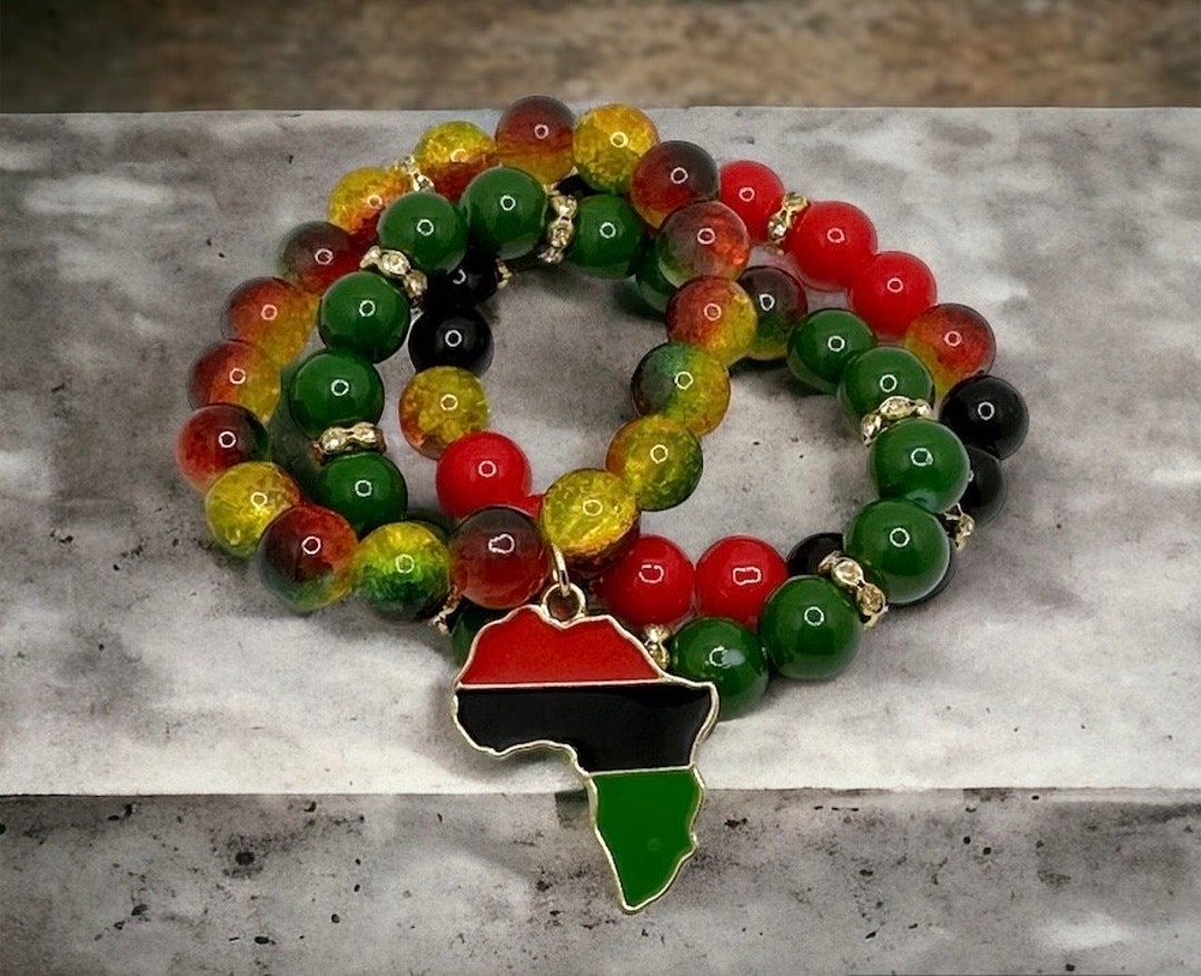 Juneteenth Bracelet Set: African Charm, Red Green Yellow Beaded Jewelry ...