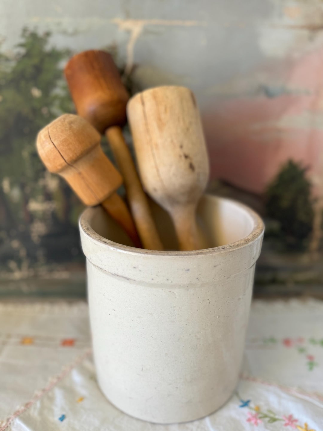 Antique 6 X 6 Cream Stoneware Crock With Rim Farm or Cottage Kitchen ...