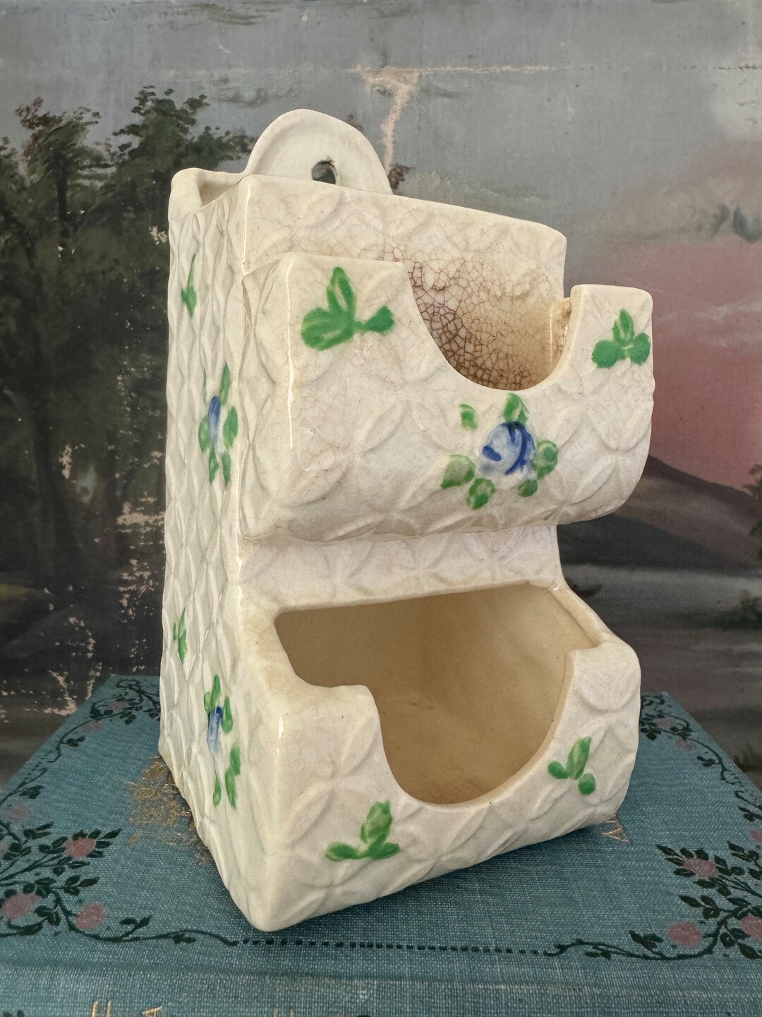 Antique Majolica Pottery Match Holder Wall Pocket Made in Japan Blue ...