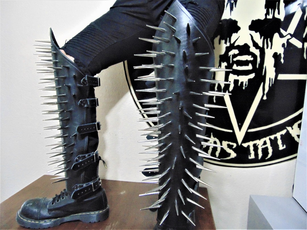 HORNA Pair of Genuine Leather Spiked Shin Guards Black Metal - Etsy