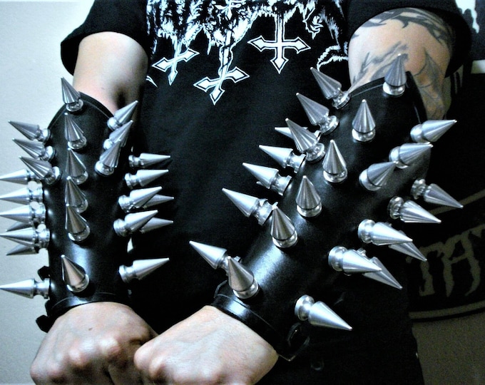 Classic Leather Spiked Black Metal Gauntlet, Pair - Etsy
