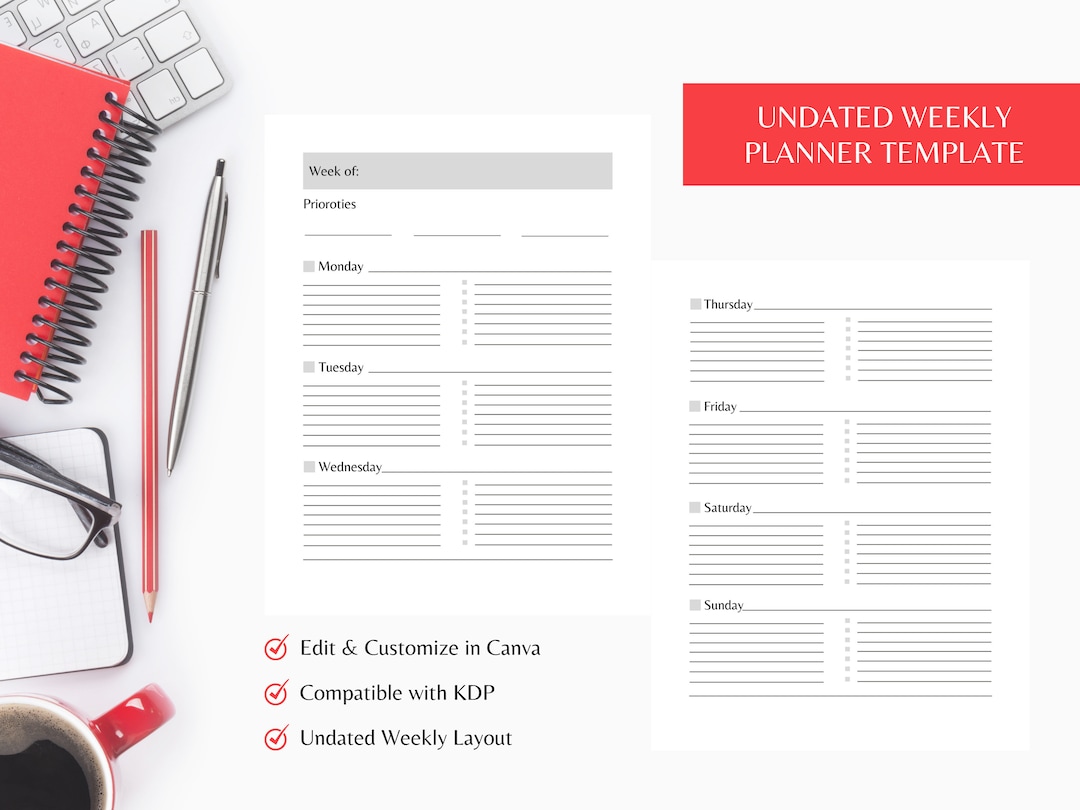 Undated Weekly Planner Canva Template - Customize in Canva - Publish to ...