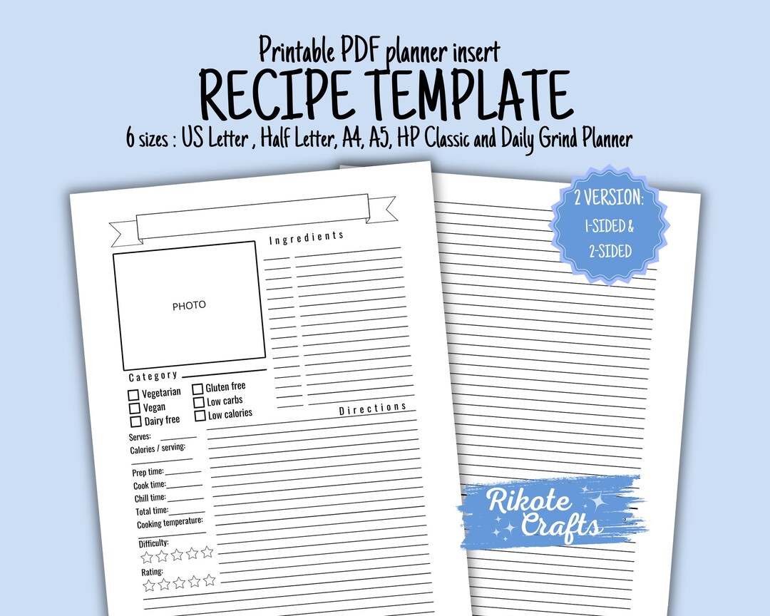 Printable Recipe Template: Blank Recipe Card, Cookbook Page (PDF ...