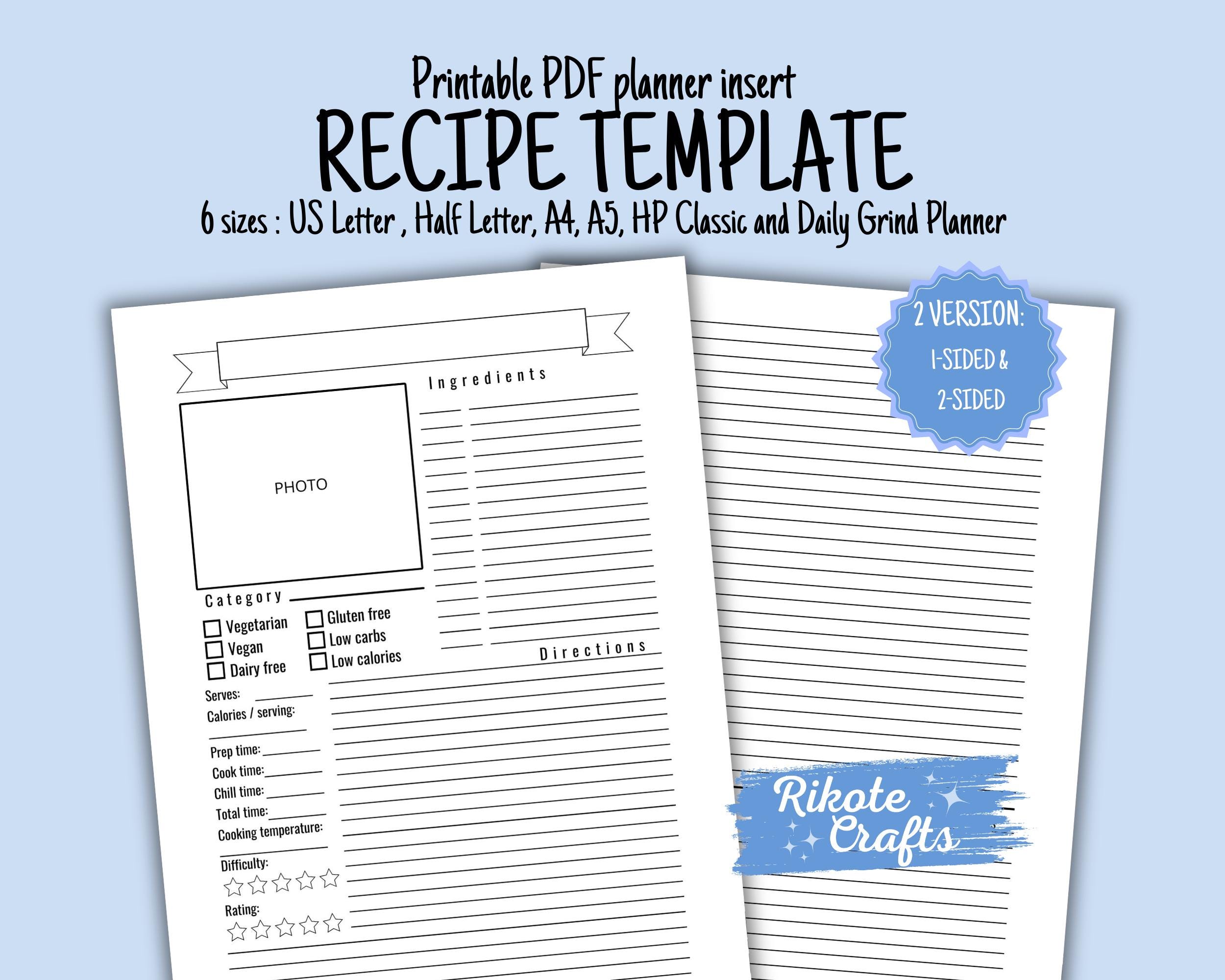Printable Recipe Card Blank Recipe Template Pdf Page Insert Recipe Book ...