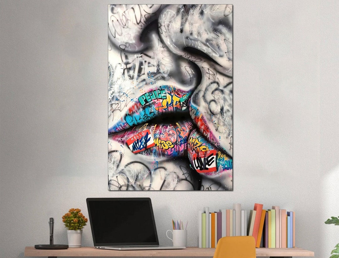 Kiss Graffiti Lips Print: Modern Framed Canvas Art - Etsy