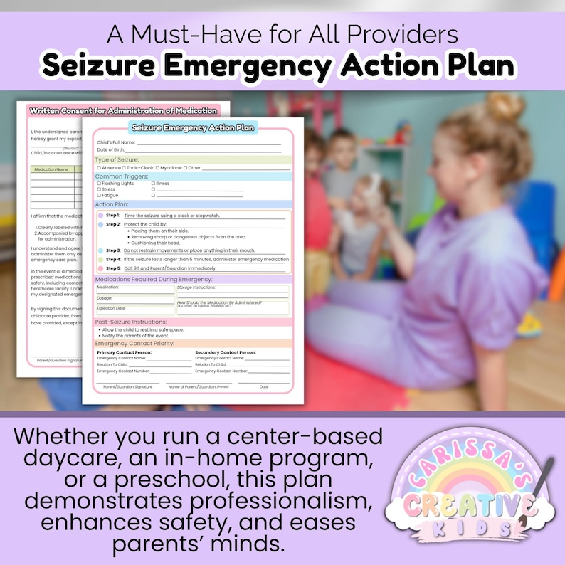 Editable Seizure Emergency Action Plan for Daycare & Preschool ...
