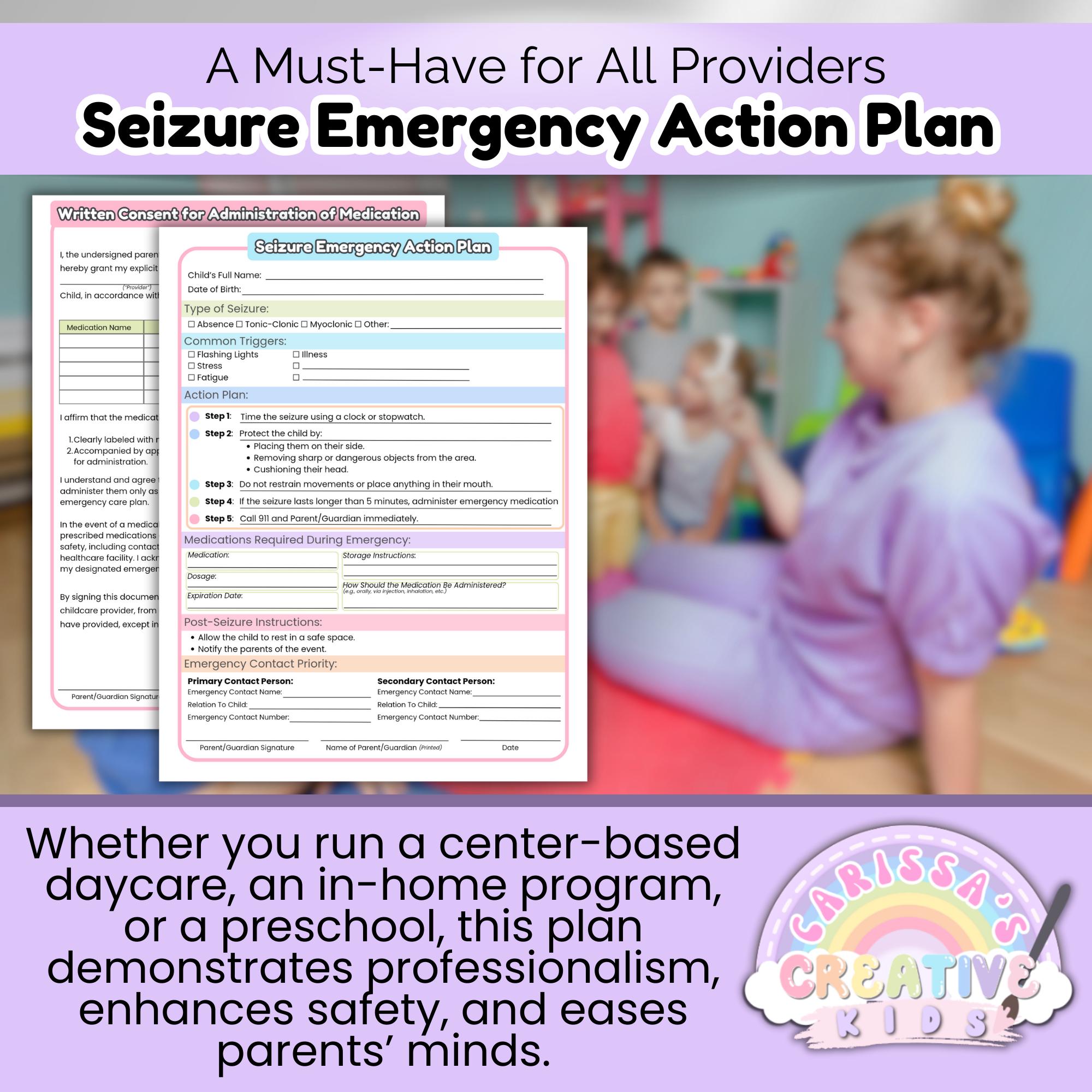 Editable Seizure Emergency Action Plan for Daycare & Preschool ...