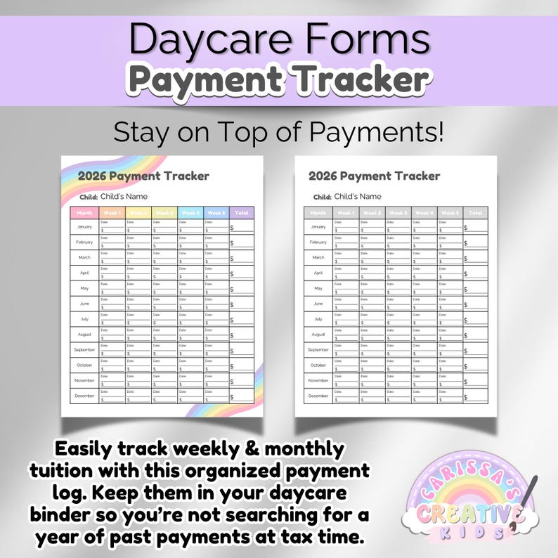 Daycare Payment Tracker 2026 – Editable Tuition Log PDF & Canva ...