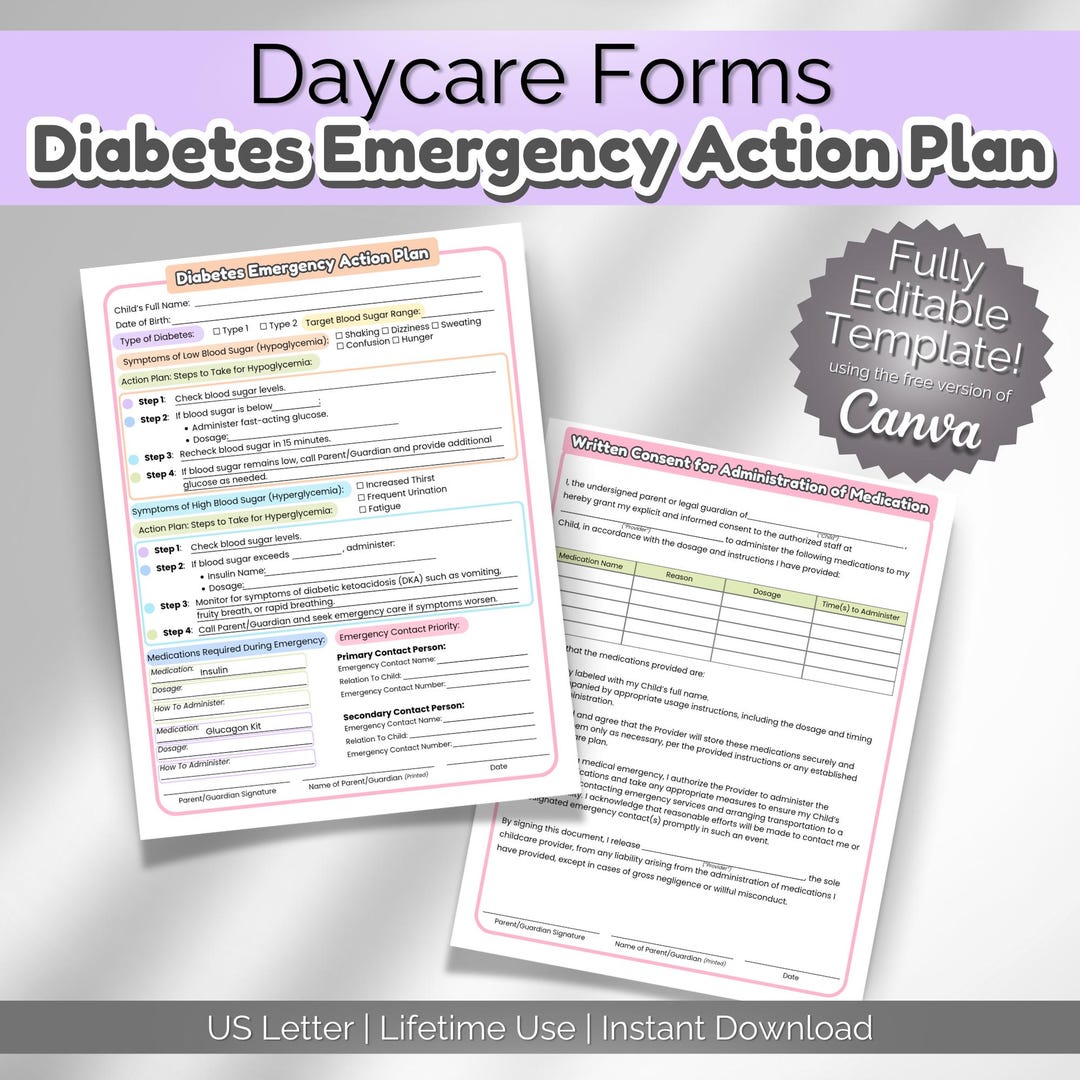 Daycare Forms- Diabetes Emergency Action Plan & Written Consent Form ...