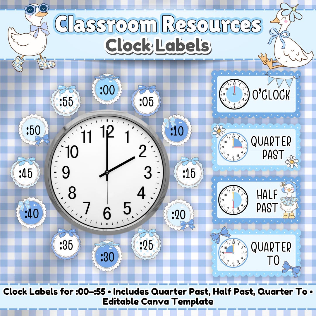 Classroom Clock Labels | Silly Goose Blue Gingham Time-telling Posters ...