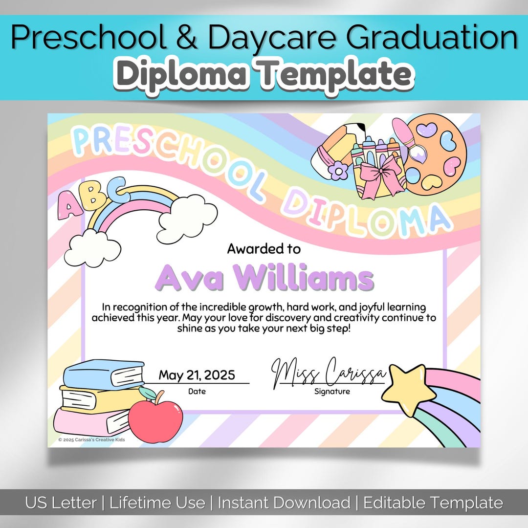 Preschool Graduation Diploma Template | Kindergarten Grad Certificate ...