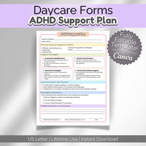 ADHD Support Plan for Daycare Editable Template | Preschool Emotional ...