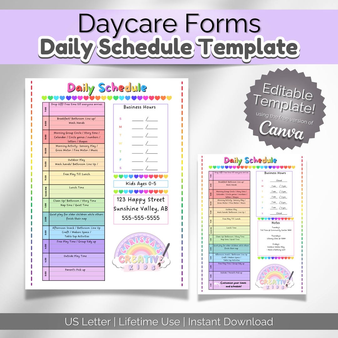 Rainbow Daily Daycare Schedule | Editable Childcare Template | Daily ...