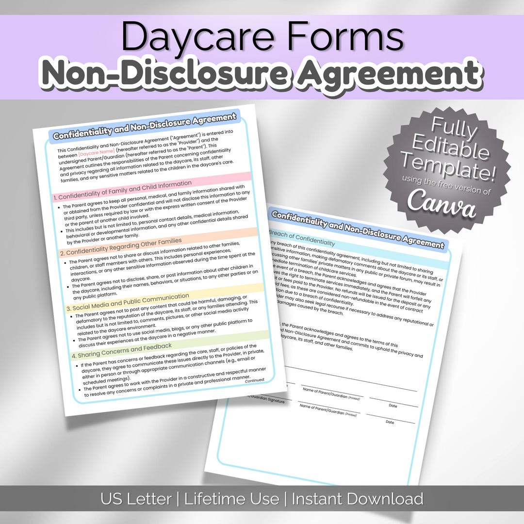 Daycare NDA Forms- Non-disclosure Agreement for Childcare Providers ...