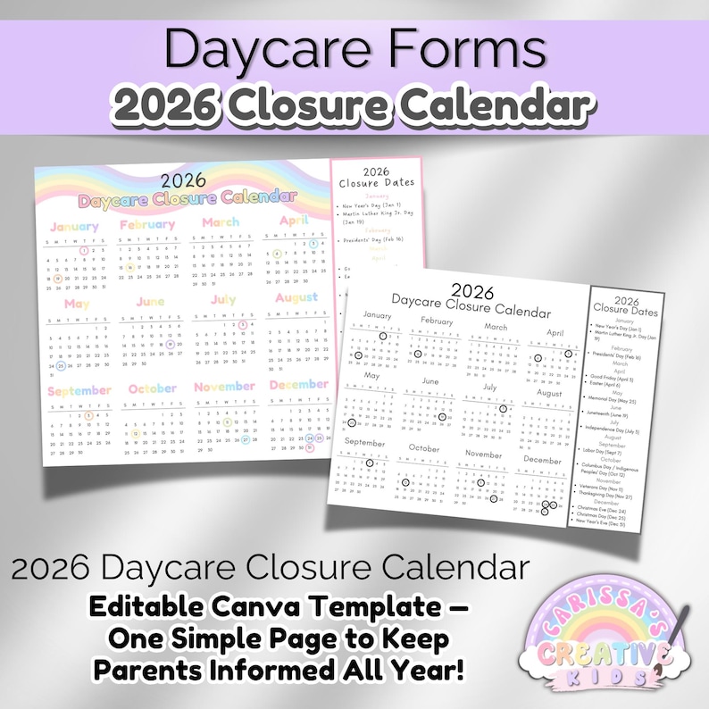 Editable 2026 Daycare Closure Calendar Template | One Page PDF ...
