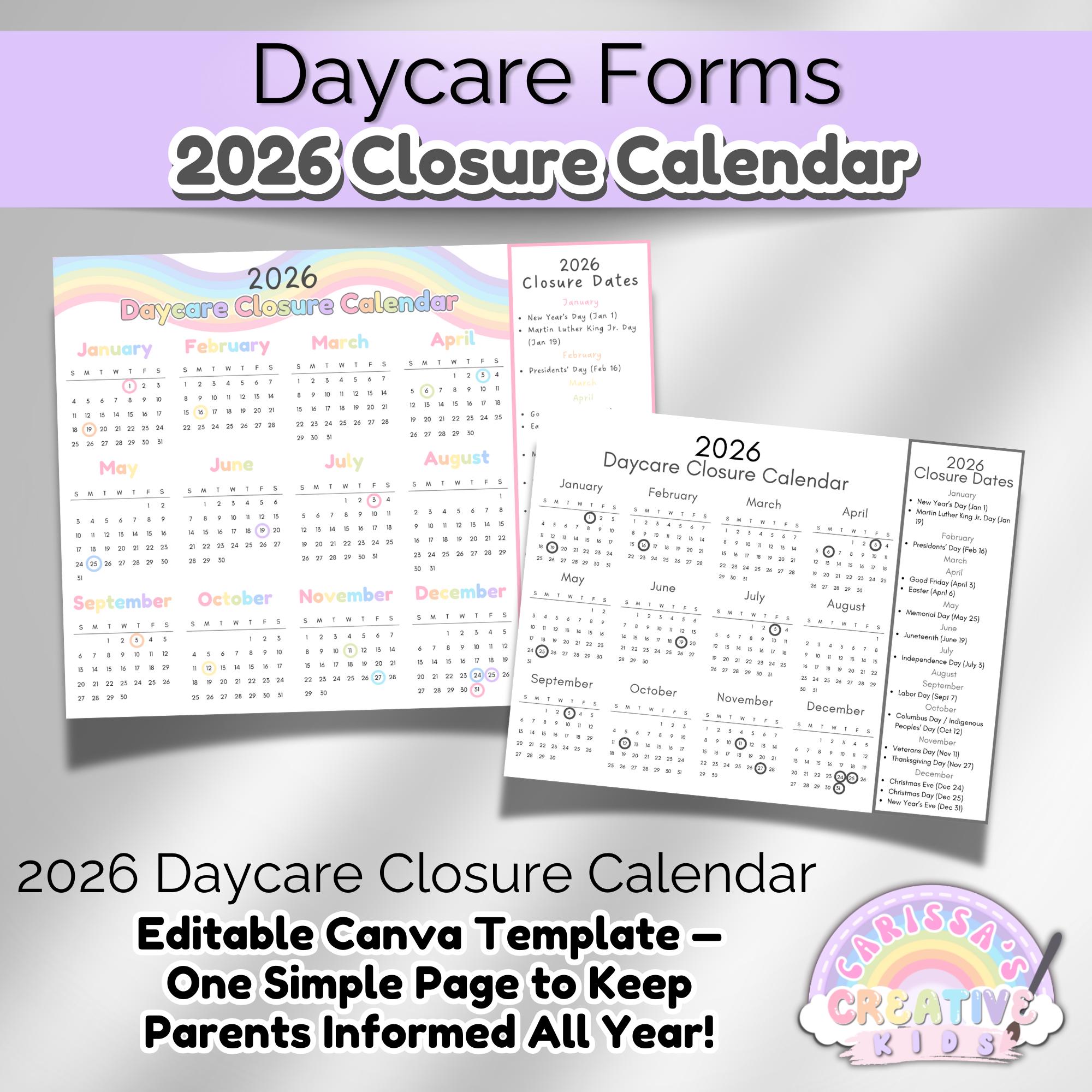 Editable 2026 Daycare Closure Calendar Template | One Page PDF ...