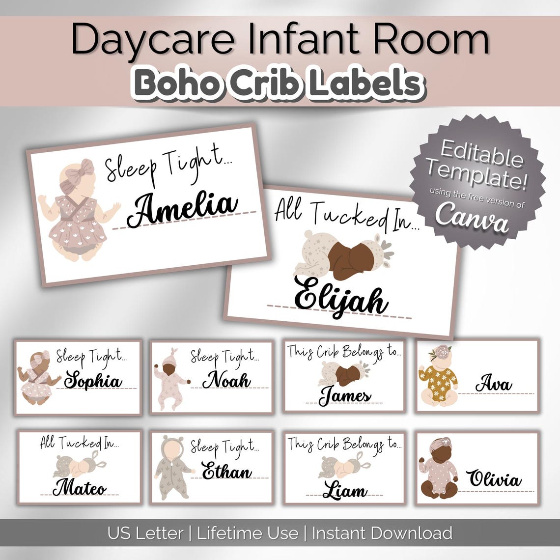 Boho Daycare Crib Labels Infant Classroom Printables Template | Name ...