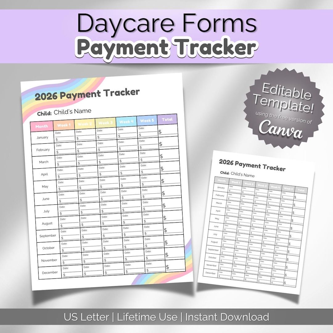 Daycare Payment Tracker 2026 – Editable Tuition Log PDF & Canva ...