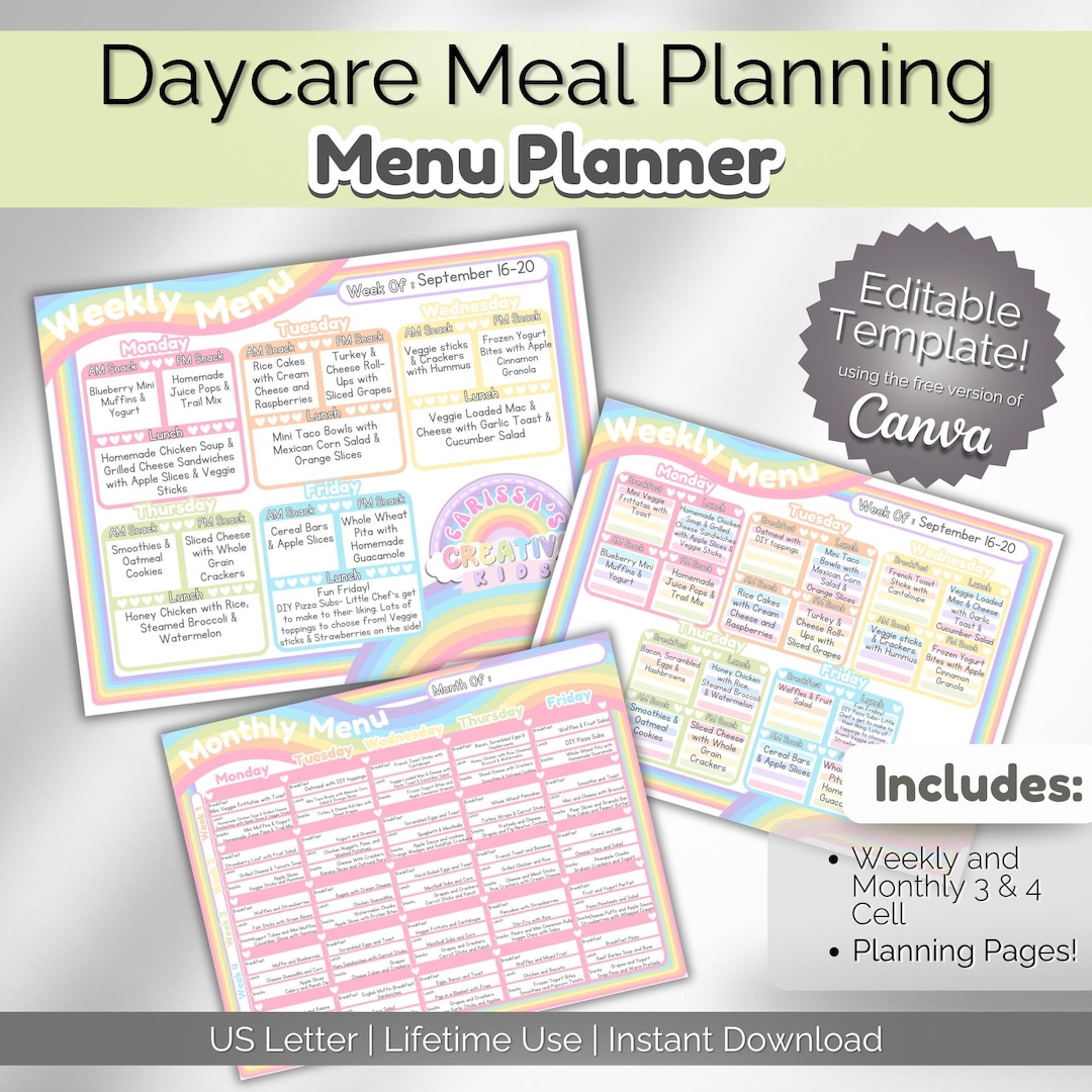 Complete Daycare Meal Planning Kit | Weekly & Monthly Menus, Recipes ...