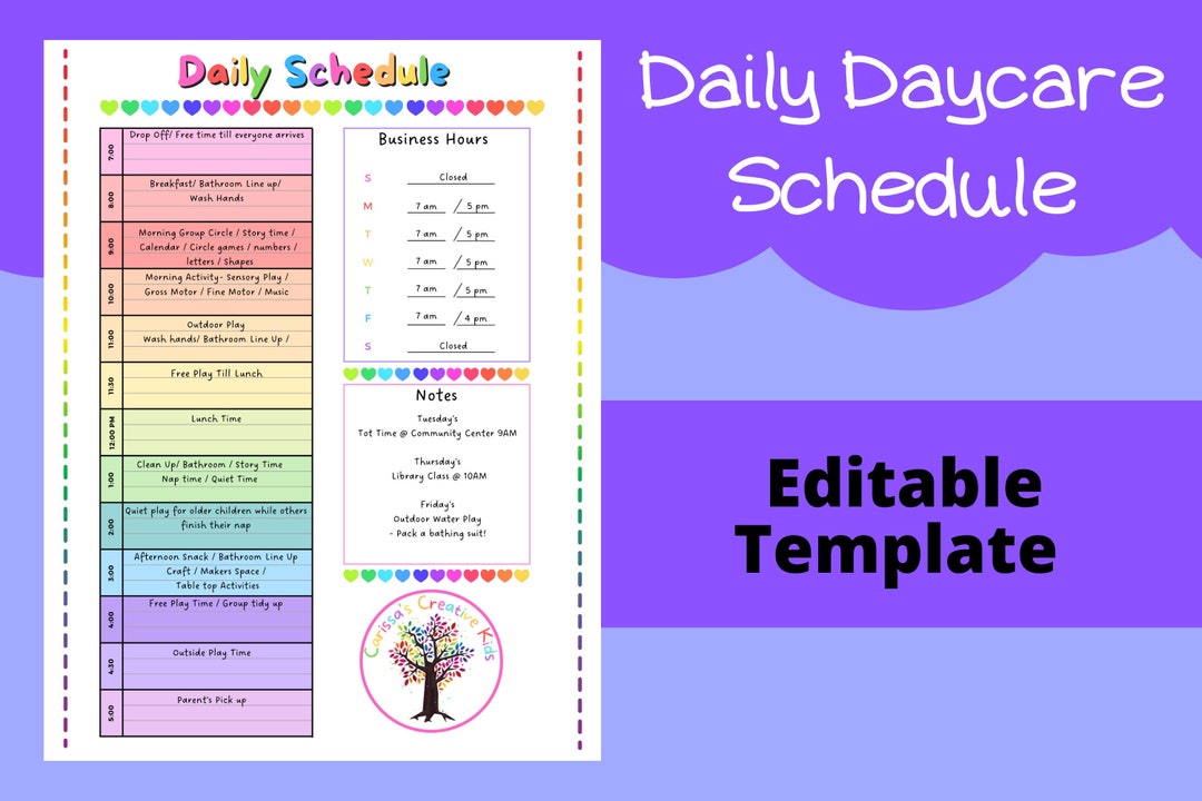 Daily Daycare Schedule Editable Template Perfect for Daycare, Home ...