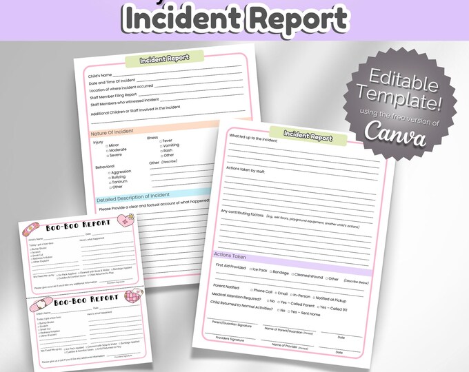 DAYCARE FORM "ouchy" Report -accident Form- Incident Report Preschool ...