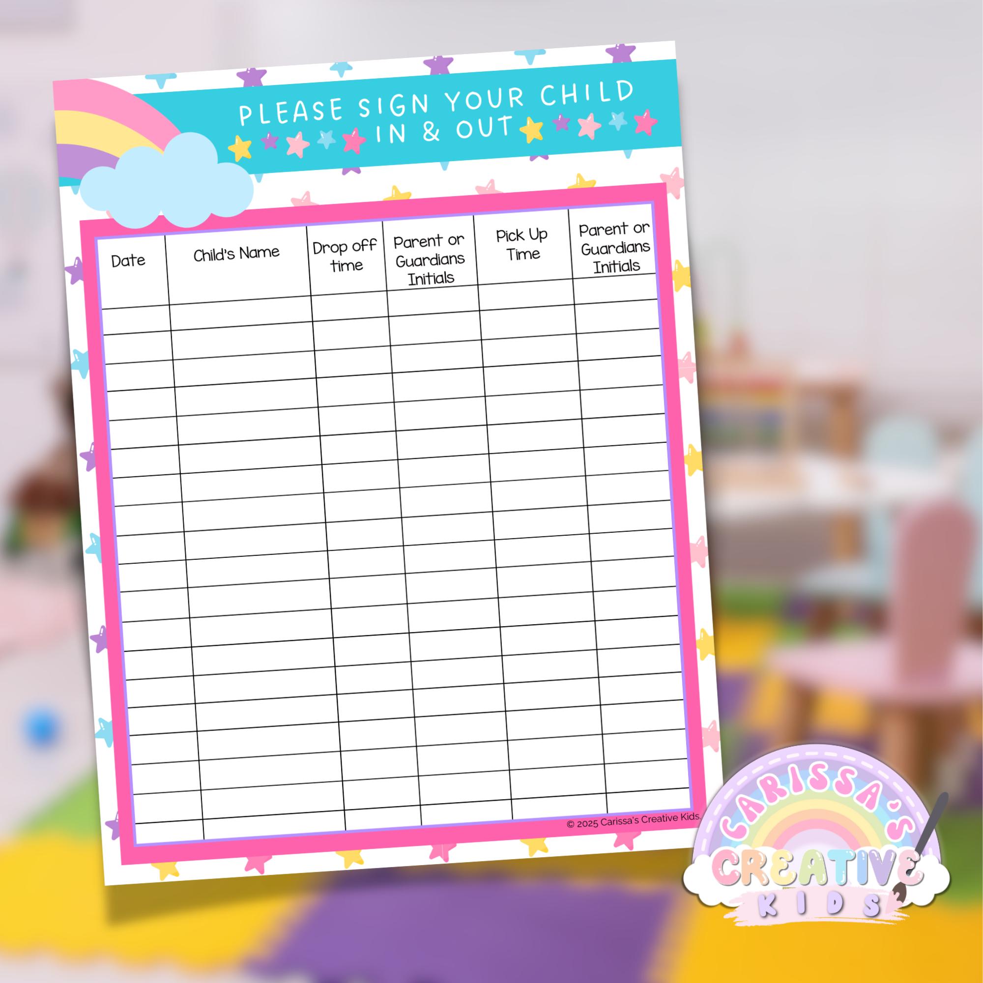 25 Printable Sign in and Out Sheets for Childcare | Daycare Sign in ...