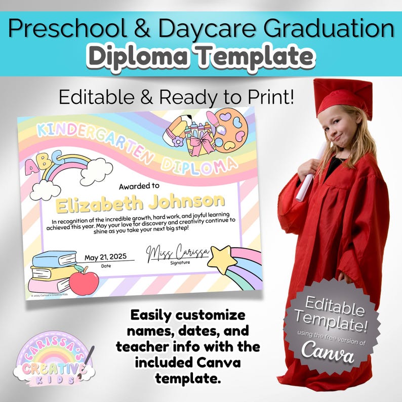Preschool Graduation Diploma Template | Kindergarten Grad Certificate ...