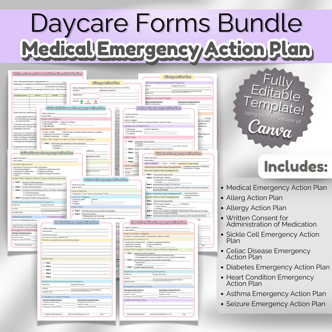 Daycare Emergency Forms Bundle | Editable Medical Action Plans for ...