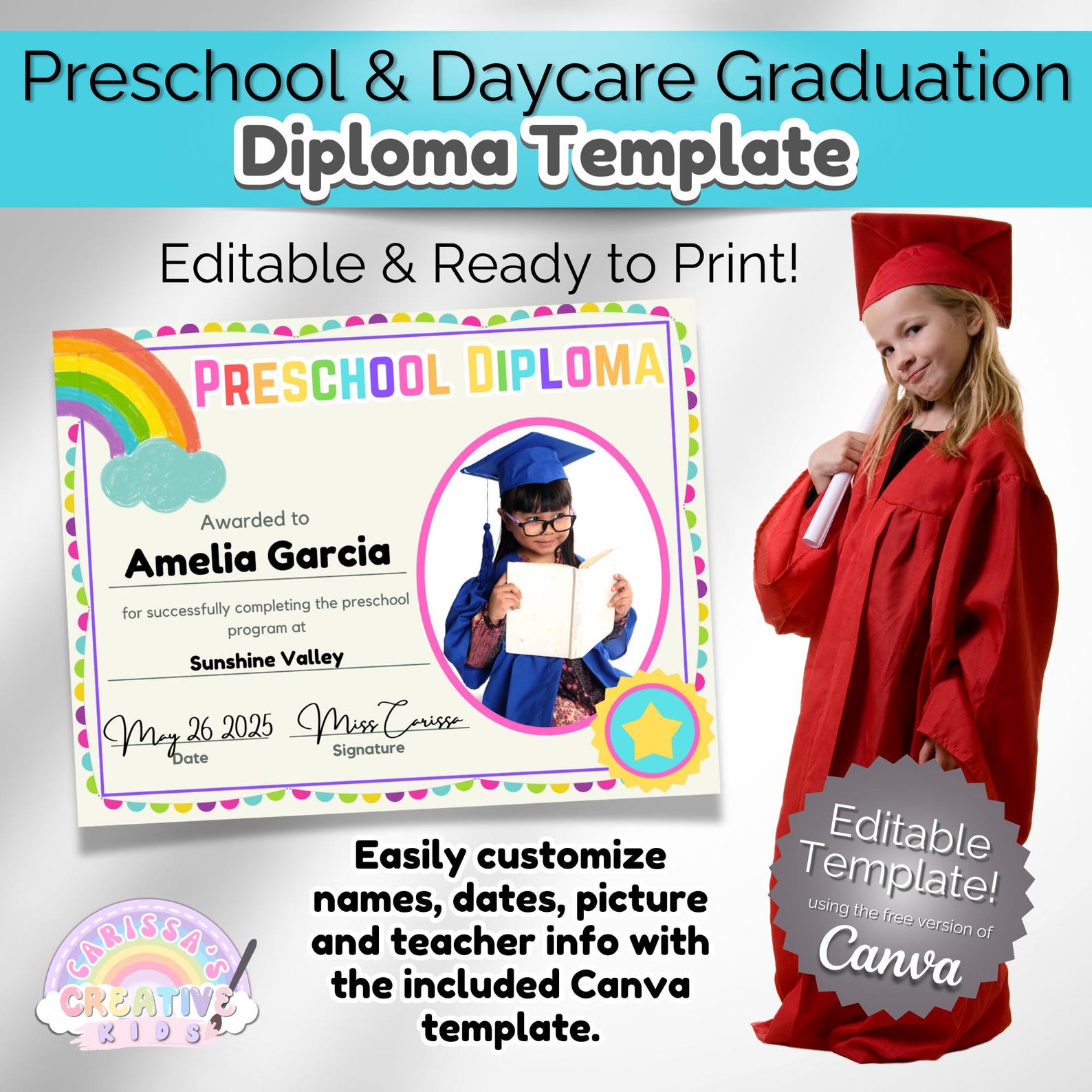 Editable Preschool Graduation Certificate | Graduation Diploma Template ...