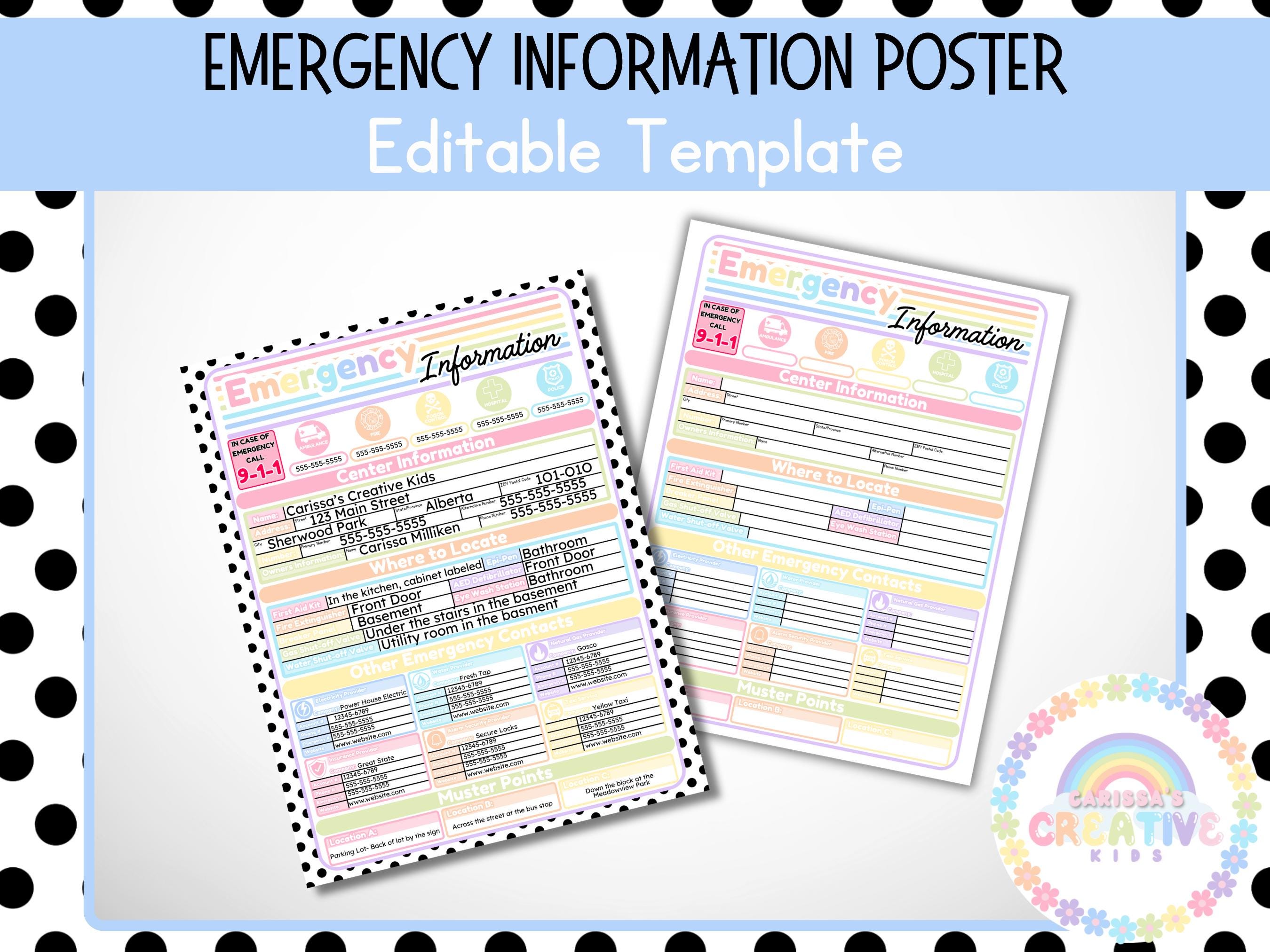 Emergency Information Poster Home Daycare, Daycare Center, Childcare ...