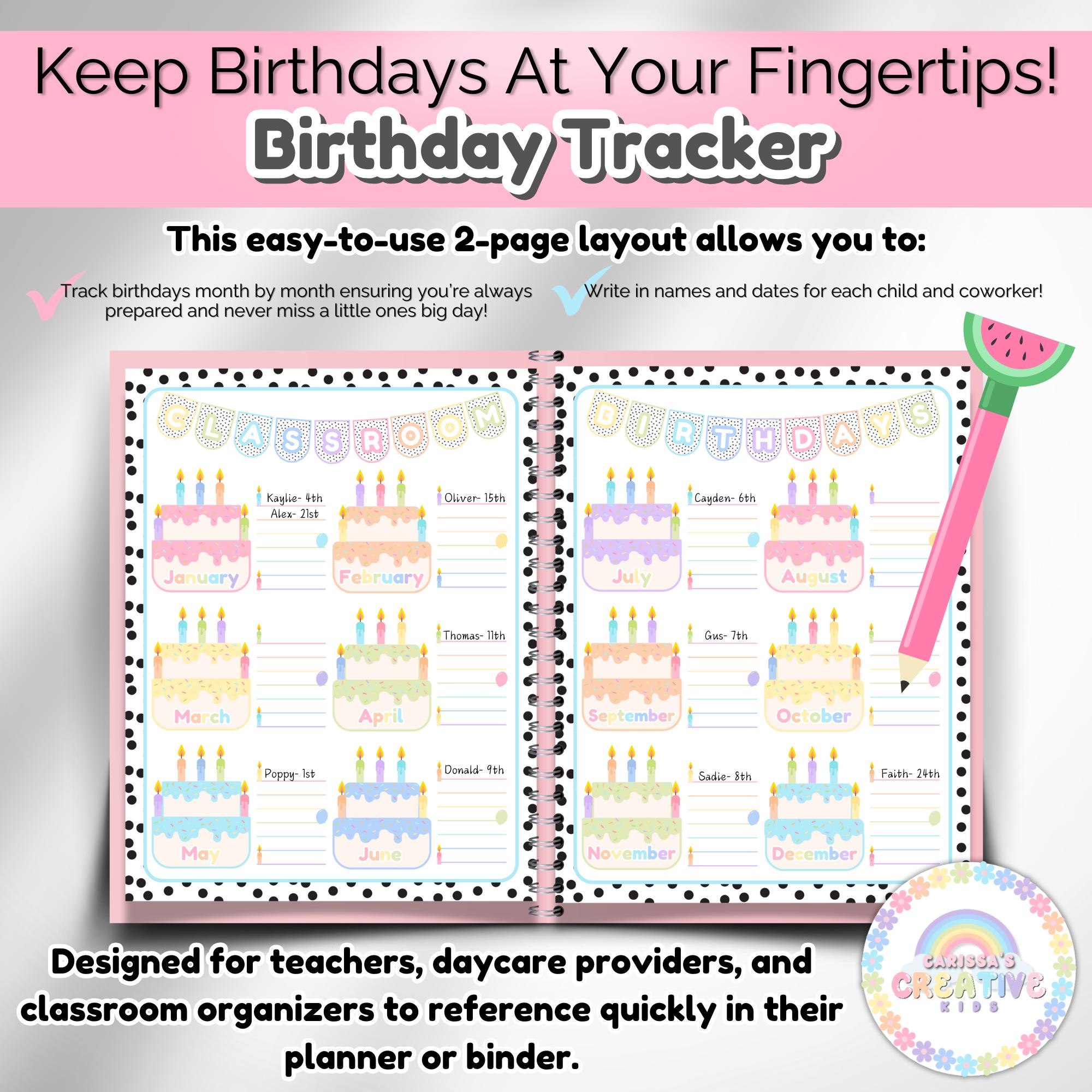 Birthday Tracker - Printable Daycare Binder Page - Daycare Teacher ...
