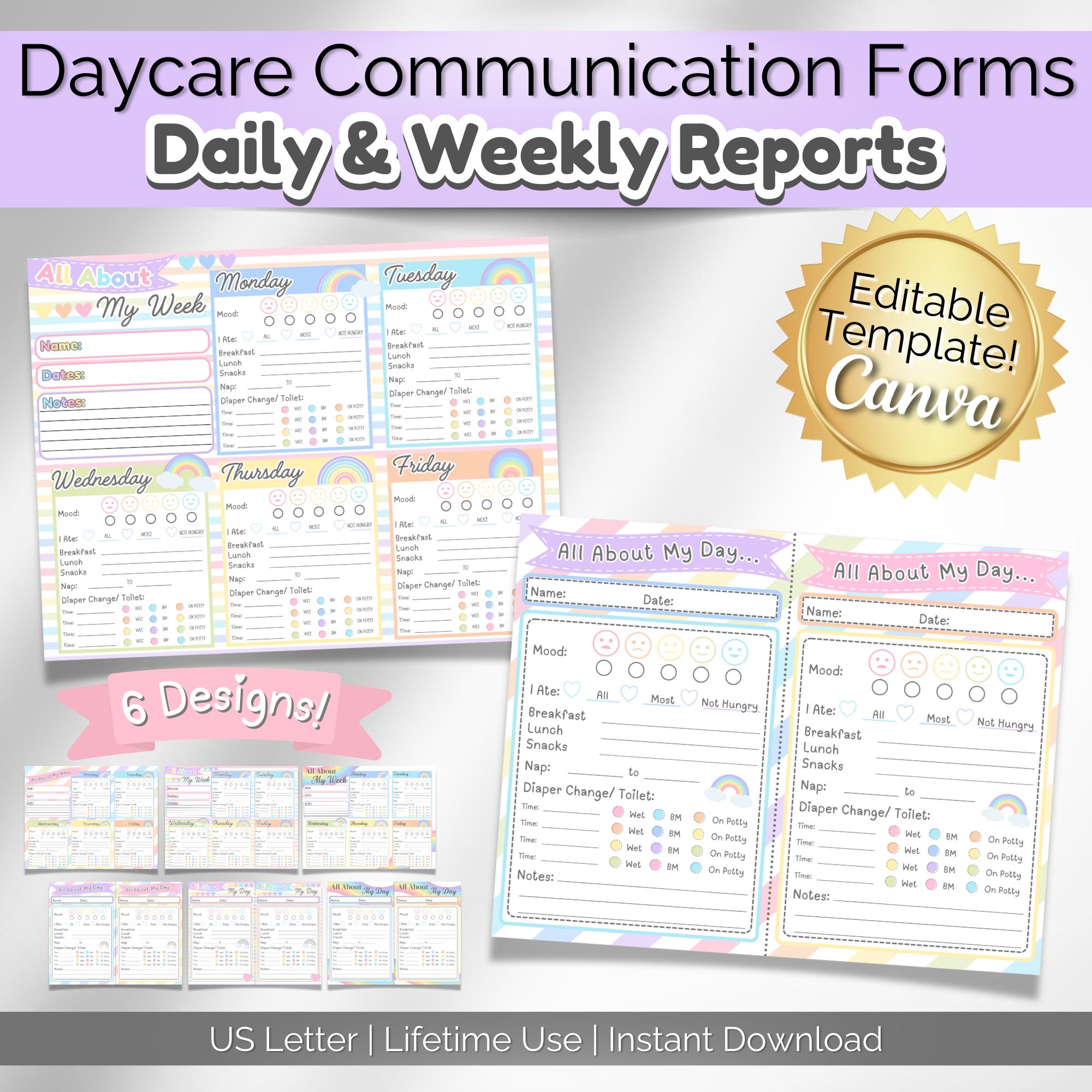 Daycare Daily Weekly Report Forms | Toddler Daily Report Daycare Log ...