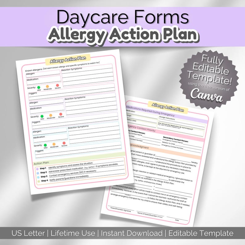 Allergy Action Plan Printable for Daycare & Preschool | Editable ...