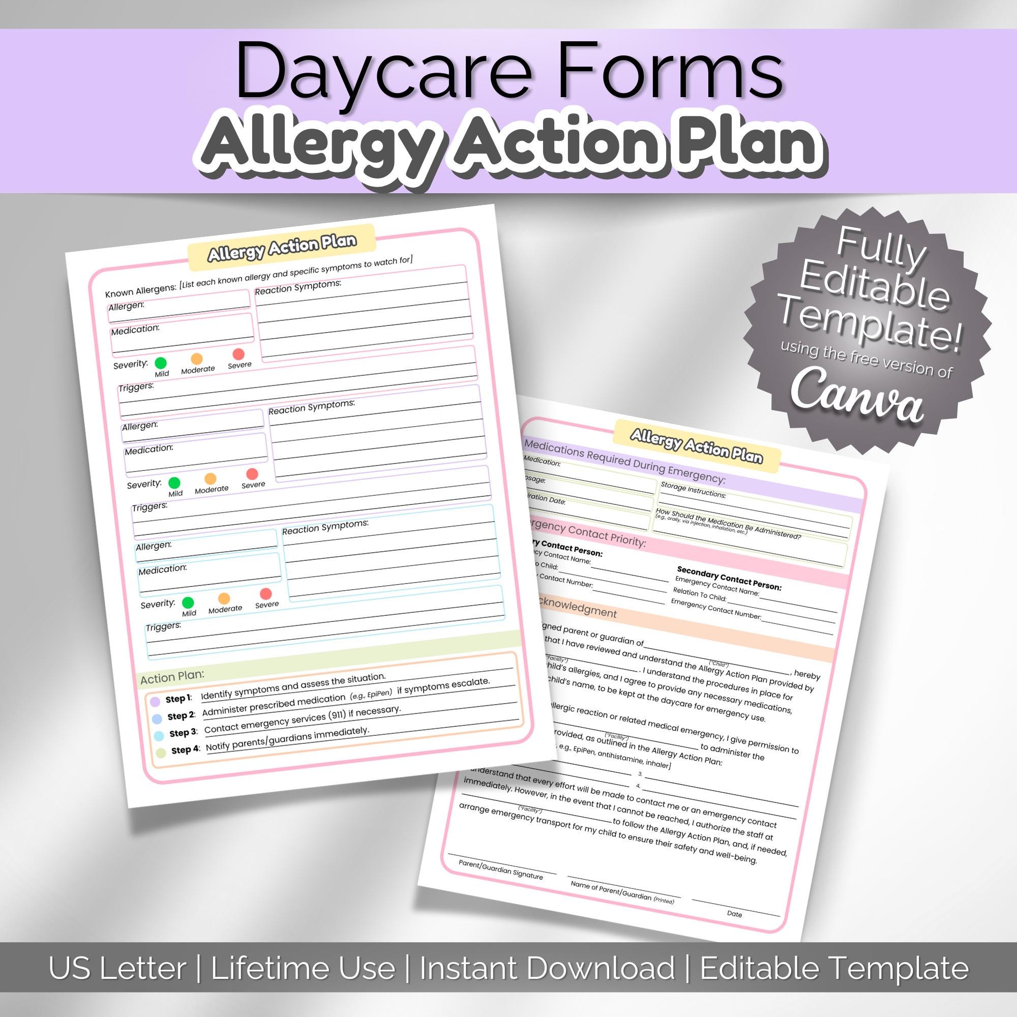 Allergy Action Plan Printable for Daycare & Preschool | Editable ...