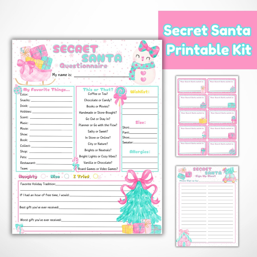 Secret Santa Questionnaire for Christmas Gift Exchange | Printable ...