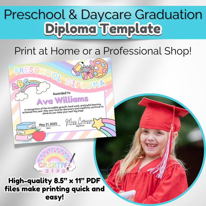Preschool Graduation Diploma Template | Kindergarten Grad Certificate ...