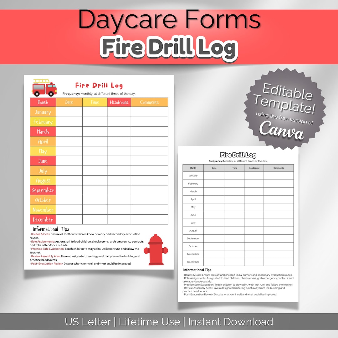 Fire Drill Log Template | Fire Drill Record Form | Daycare & Preschool ...
