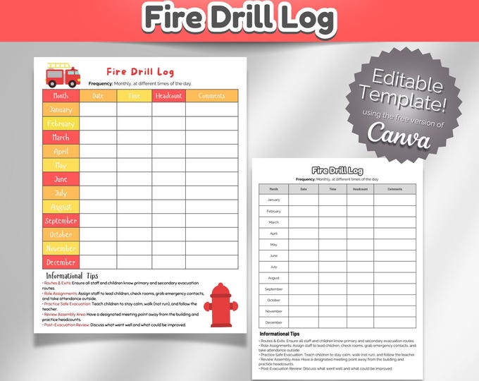 Fire Drill and Fire Detection Log | Daycare Fire Drill Log | Childcare ...