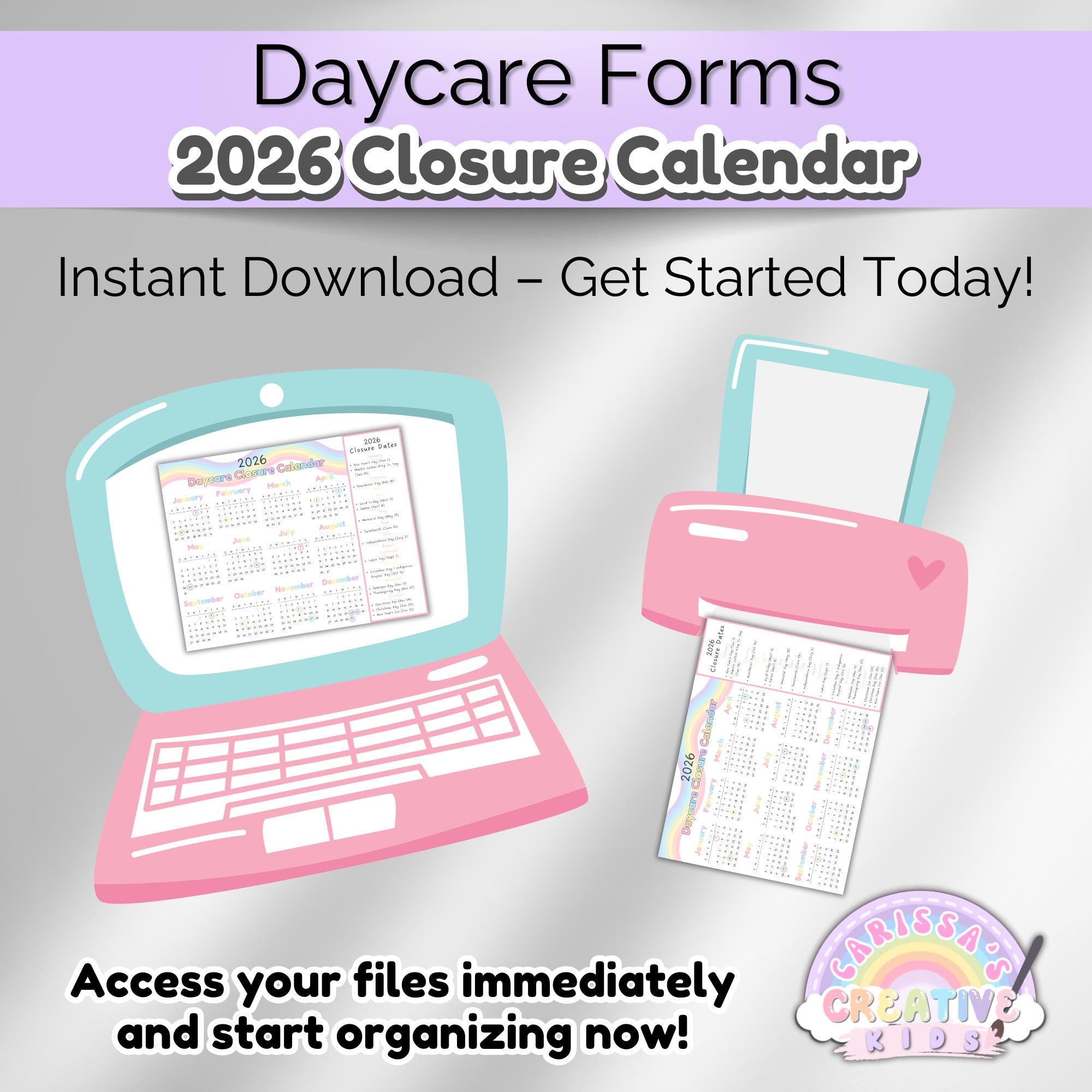 Editable 2026 Daycare Closure Calendar Template | One Page PDF ...