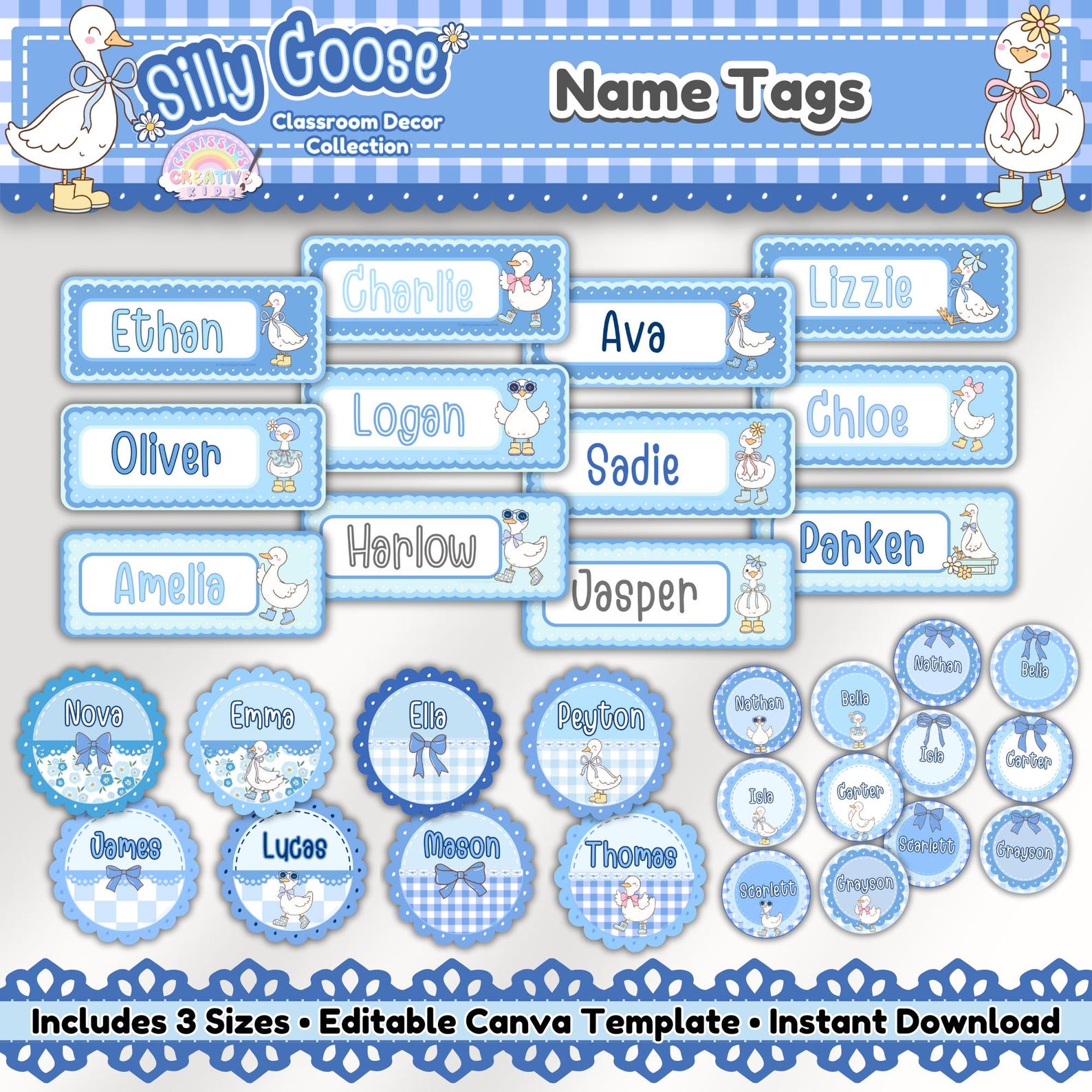 Editable Name Tags | Vintage Blue Gingham Silly Goose Theme | Daycare ...