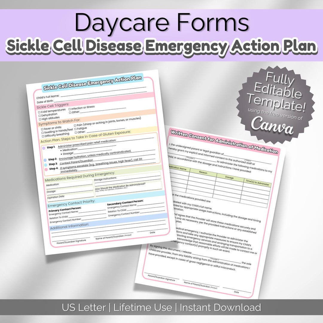 Daycare Forms- Sickle Cell Disease Emergency Action Plan Editable ...