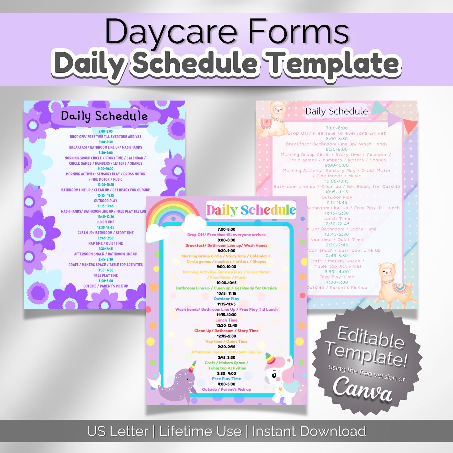 Daily Daycare Schedules | Editable | PDF Printable | 3 Designs for Your ...