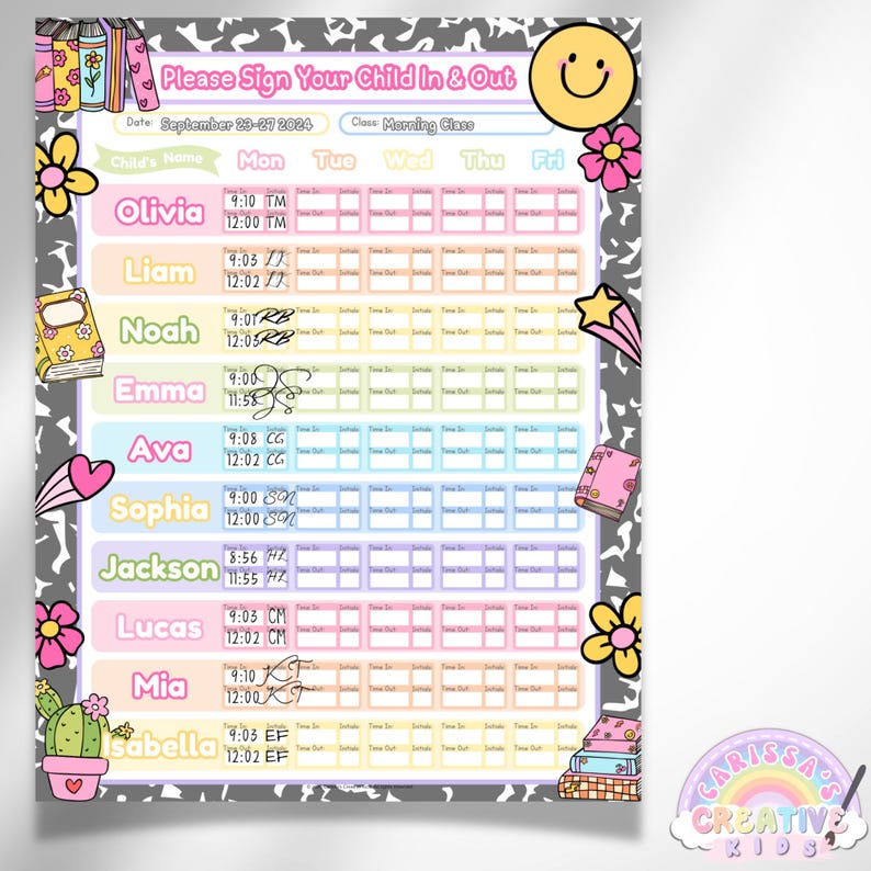 Daycare Sign in Sheets | Child Attendance Sign in and Out | Club Sign ...