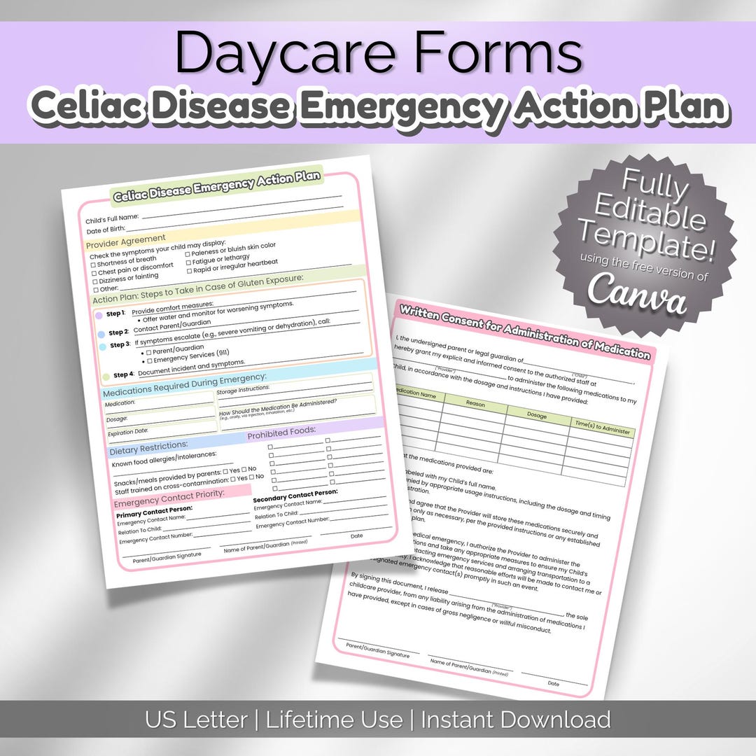 Daycare Forms- Celiac Disease Emergency Action Plan Editable Template ...
