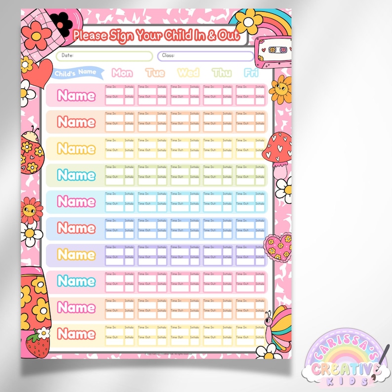 Daycare Sign in Sheets | Child Attendance Sign in and Out | Club Sign ...