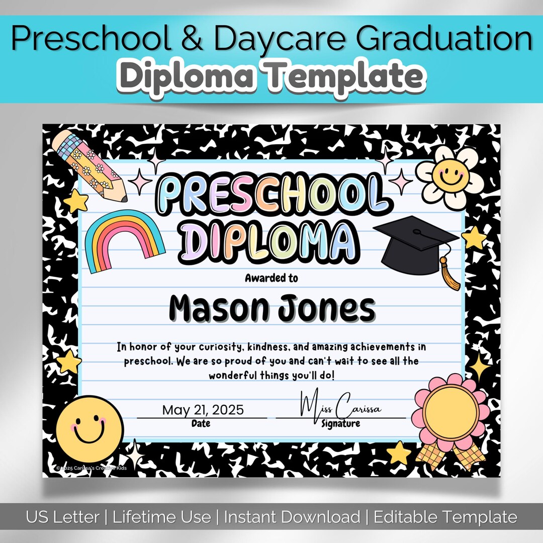 Preschool Graduation Diploma Template | Kindergarten Grad Certificate ...