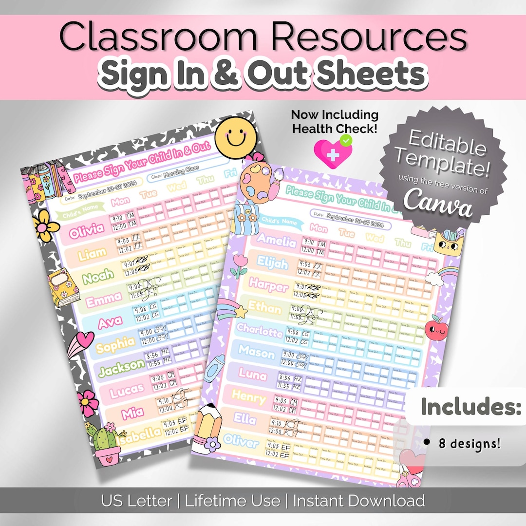Daycare Sign in Sheets | Child Attendance Sign in and Out | Club Sign ...