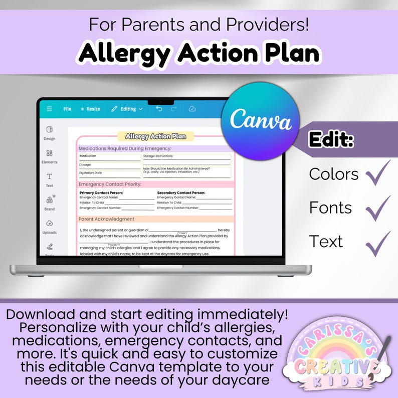 Allergy Action Plan Printable for Daycare & Preschool | Editable ...