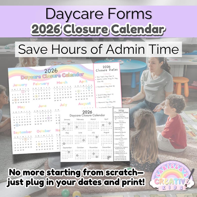 Editable 2026 Daycare Closure Calendar Template | One Page PDF ...